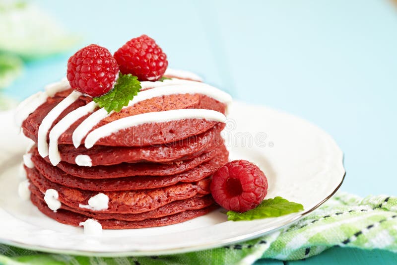 Stack of Red Velvet Pancakes Stock Image - Image of crepe, raspberry ...