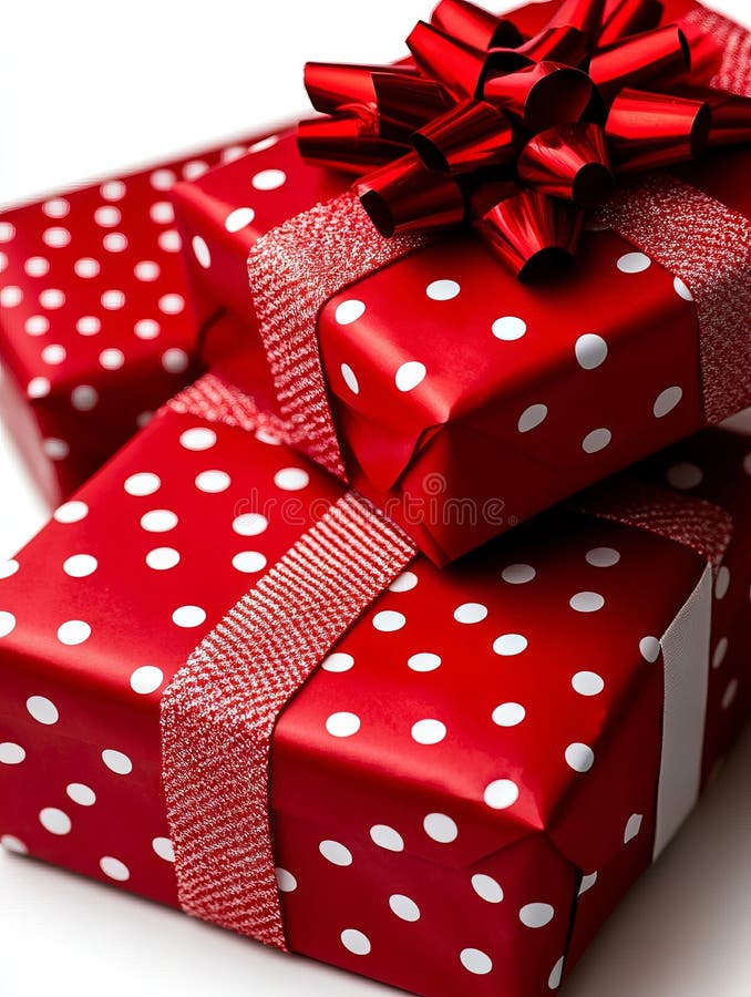 A Stack of Red and White Polka Dot Wrapped Presents with a Red Bow ...