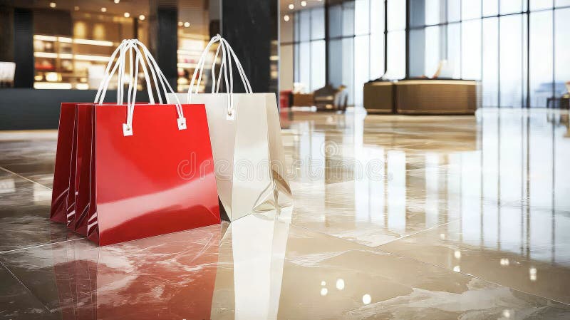 A Stack of Red and White Shopping Bags on a Marble Floor in a Modern ...
