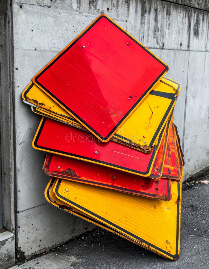 Stack of Red and Yellow Rusty Signs Against Concrete Wall Stock ...