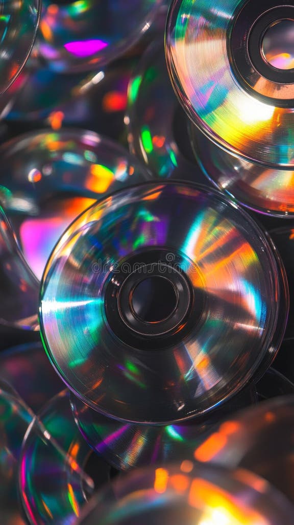 Stack of Reflective CDs with Vibrant Rainbow Patterns Stock Image ...