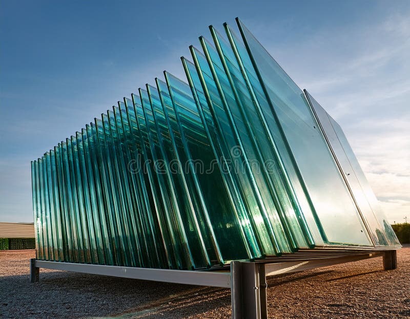 A Stack of Reflective Glass Panels Resting Vertically on a Metal Frame ...