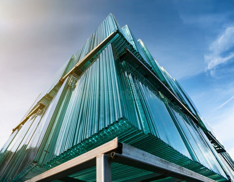A Stack of Reflective Glass Panels Resting Vertically on a Metal Frame ...