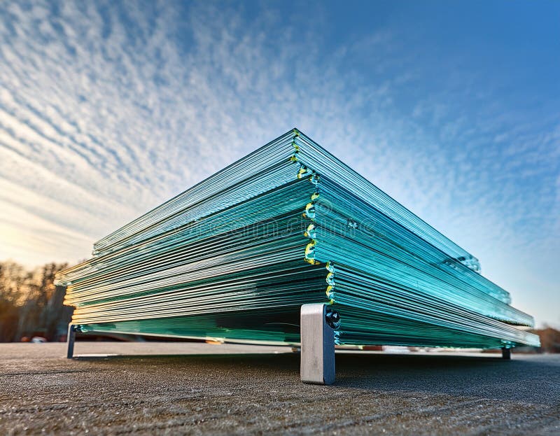 A Stack of Reflective Glass Panels Resting Vertically on a Metal Frame ...