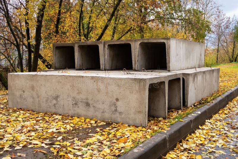 A Stack of Reinforced Concrete Trays for a Heating Main on an Autumn ...