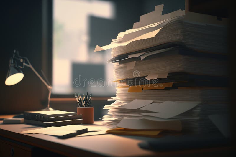 Stack of Report Papers Lies on a Desk Ready for Review. Generative AI ...