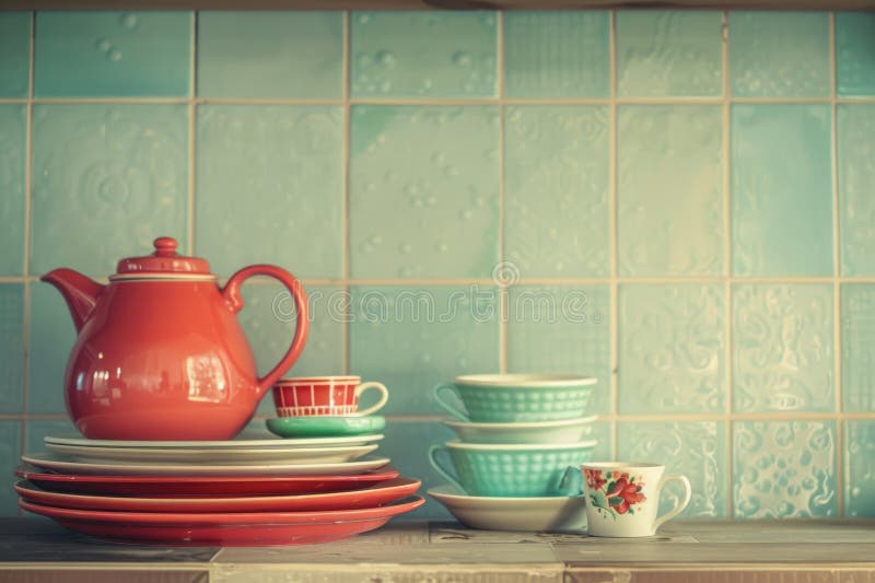 A Stack of Retro Dishes Arranged Neatly on a Kitchen Counter in a ...