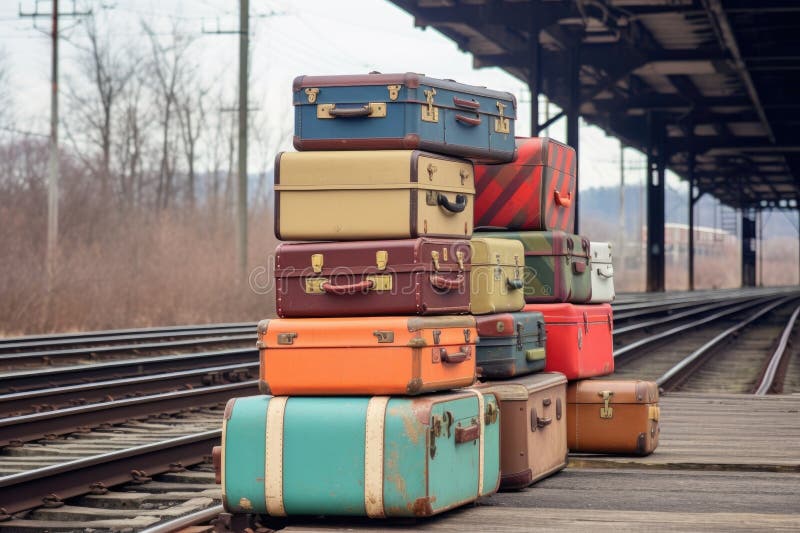 Stack of Retro Suitcases on an Old Train Platform Stock Illustration ...