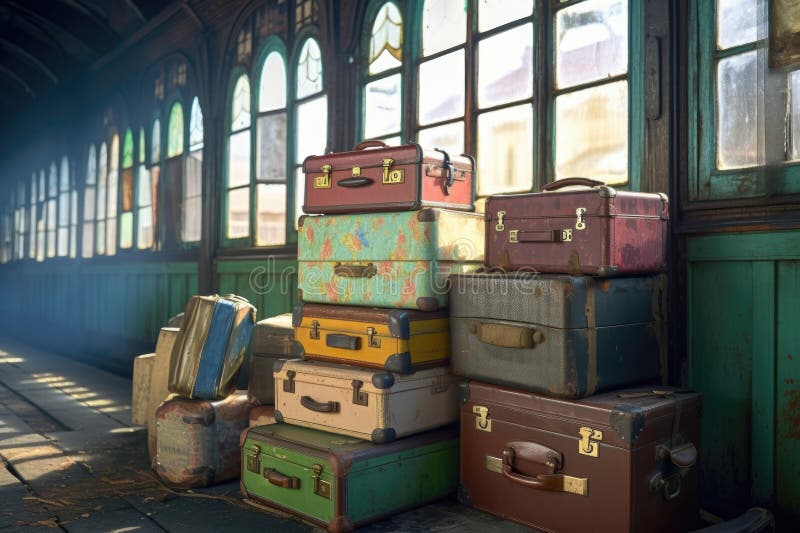 Stack of Retro Suitcases on an Old Train Platform Stock Illustration ...
