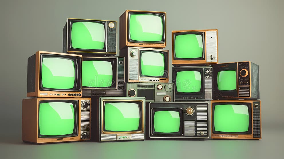 Stack of Retro Televisions with Green Screens Displaying on Gray ...