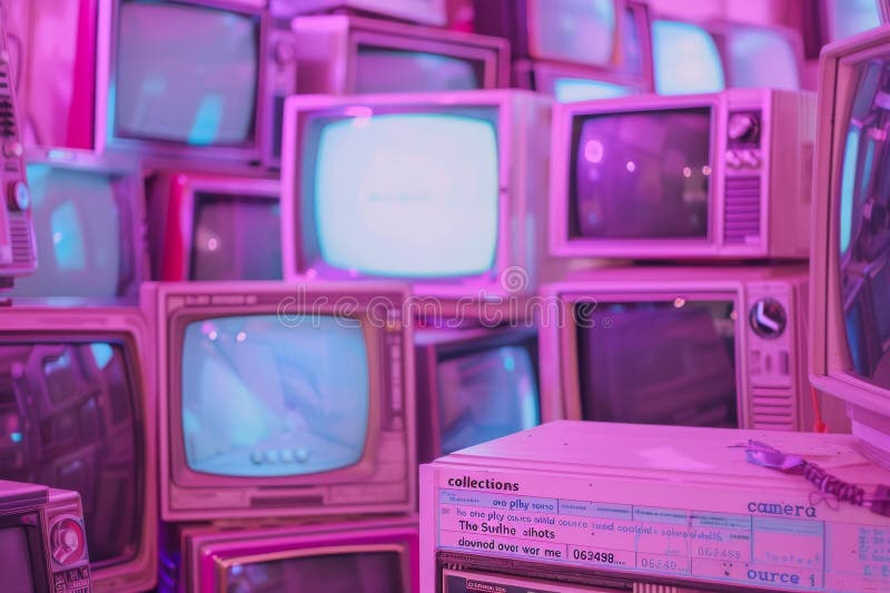 Stack of Retro TVs in Pink Neon Glow Stock Photo - Image of display ...