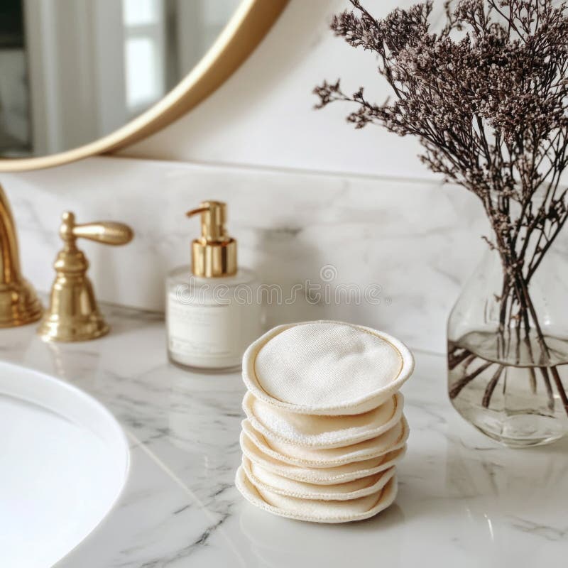 Stack of Reusable Cotton Rounds on Marble Countertop in Bathroom Stock ...
