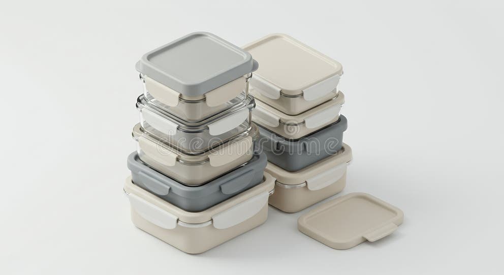 Stack of Reusable Food Containers in Neutral Tones Kitchenware on White ...