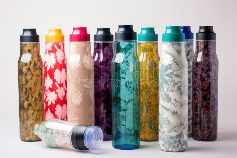 A Stack of Reusable Water Bottles in Various Colors and Patterns Stock ...