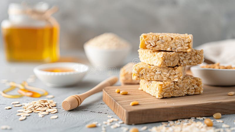 A Stack of Rice Granola Bars on a Wooden Board, Accompanied by Honey ...
