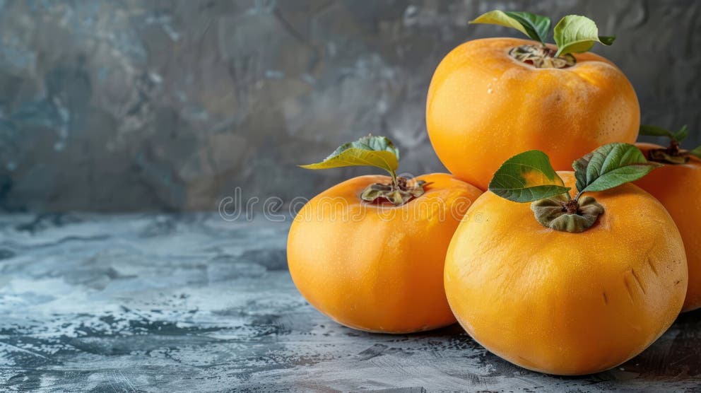 Three Ripe Persimmons on Rustic Table Stock Illustration - Illustration ...