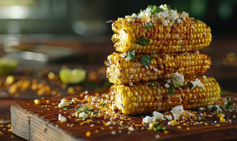 A Stack of Roasted Corn on the Cob, Topped with Crumbled Cheese and ...
