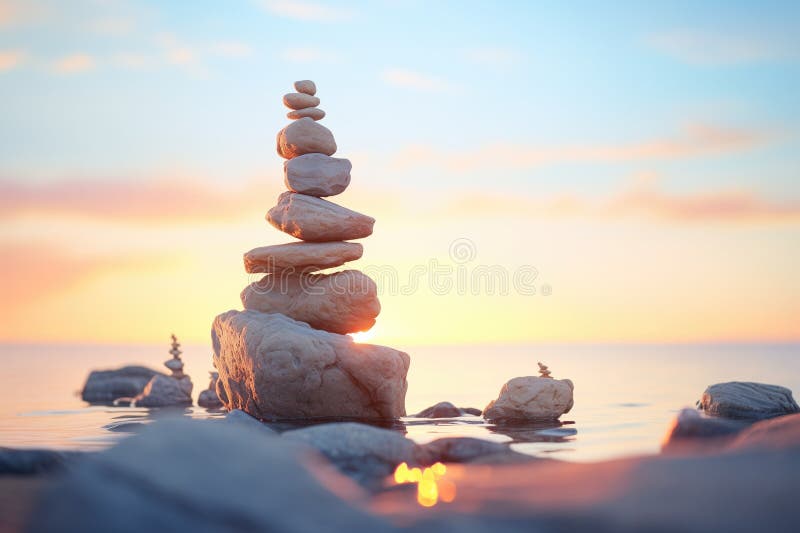 Stack of Rocks Balanced on a Coastal Cliff at Sunrise Stock ...
