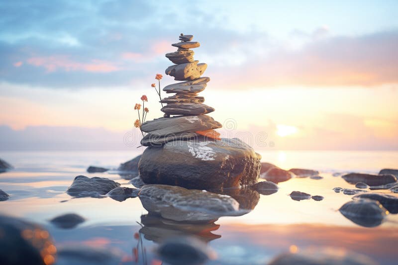 Stack of Rocks Balanced on a Coastal Cliff at Sunrise Stock ...