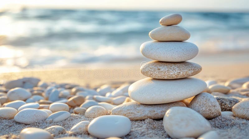 A Stack of Rocks on a Beach Near the Ocean, AI Stock Photo - Image of ...