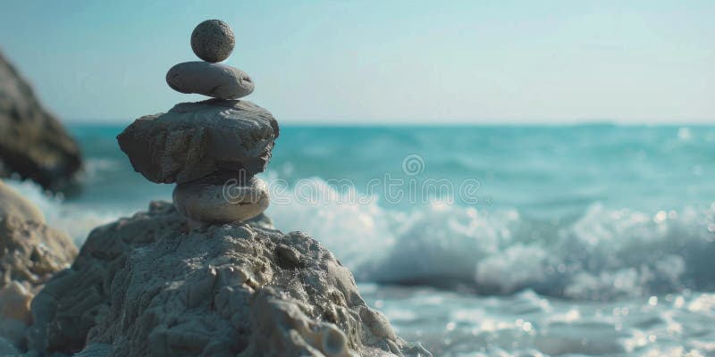 A Stack of Rocks on a Beach with the Ocean in the Background Stock ...