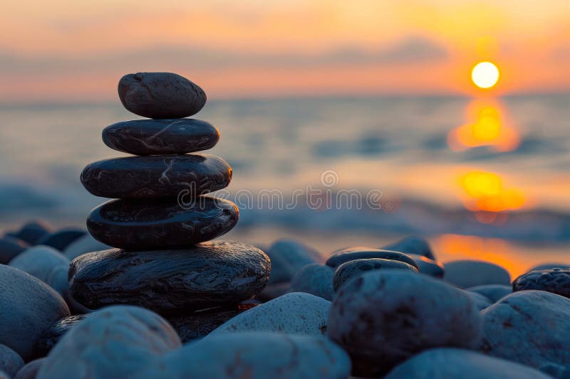 A Stack of Rocks on the Beach at Sunset Stock Image - Image of pebble ...