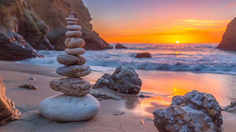 A Stack of Rocks on the Beach at Sunset, AI Stock Image - Image of ...