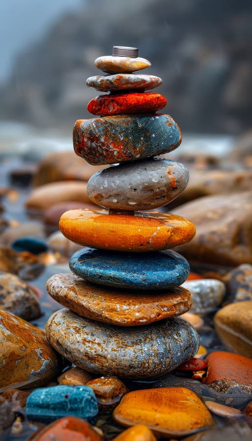 A Stack of Rocks with a Blue and Orange Rock in the Middle. the Rocks ...