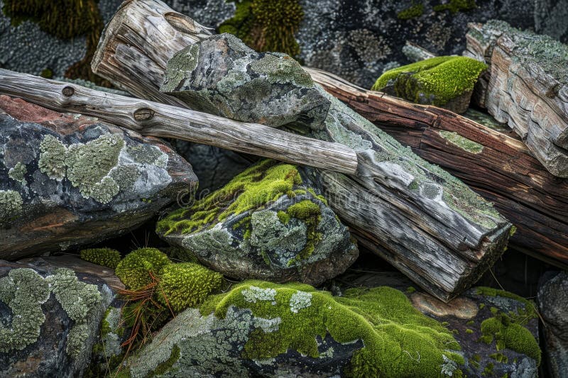 A Stack of Rocks Covered in Green Moss, Moss-covered Rocks and Fallen ...