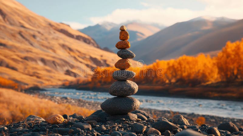 A Stack of Rocks in the Foreground with a River and Mountains in the ...