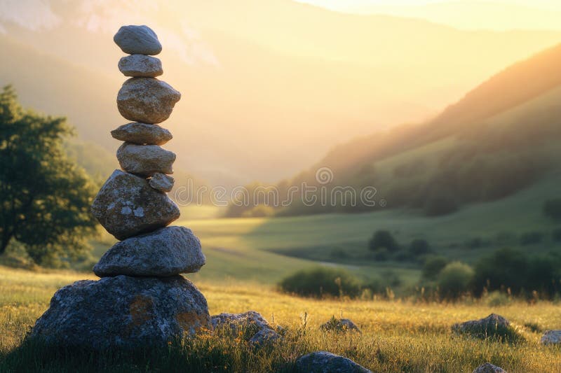 A Stack of Rocks is on a Grassy Hillside Stock Photo - Image of balance ...
