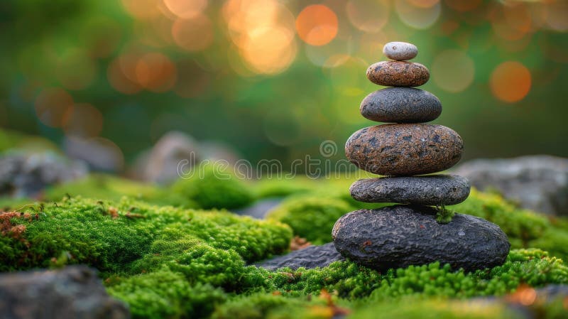 Stack of Rocks on Mossy Ground Stock Photo - Image of balanced, layered ...
