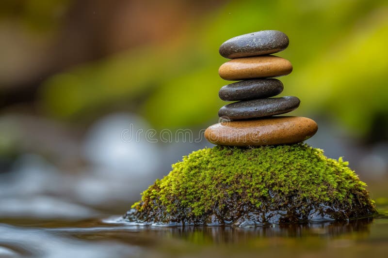 A Stack of Rocks Sitting on Top of a Moss Covered Rock in the Water ...