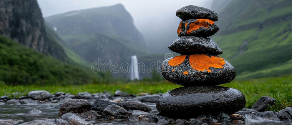 A Stack of Rocks with Orange Markings Sits in a Stream, Backed by a ...