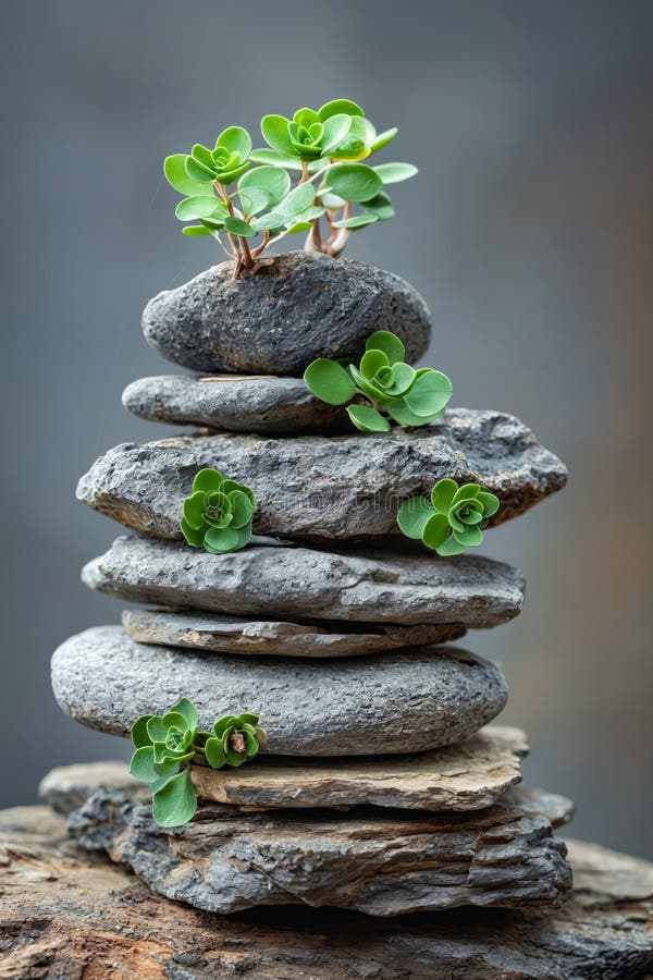 A Stack of Rocks with a Plant Growing Out of Them. Generative AI Stock ...