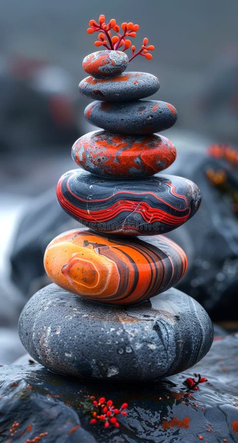 A Stack of Rocks with a Red and Black Striped Rock in the Middle. the ...