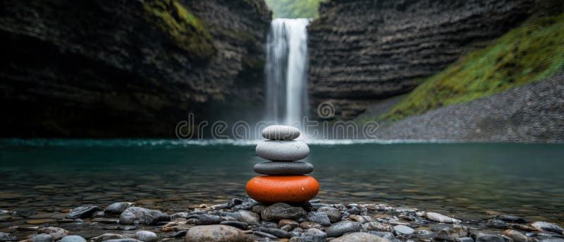A Stack of Rocks Sits in Front of a Waterfall. Stock Photo - Image of ...