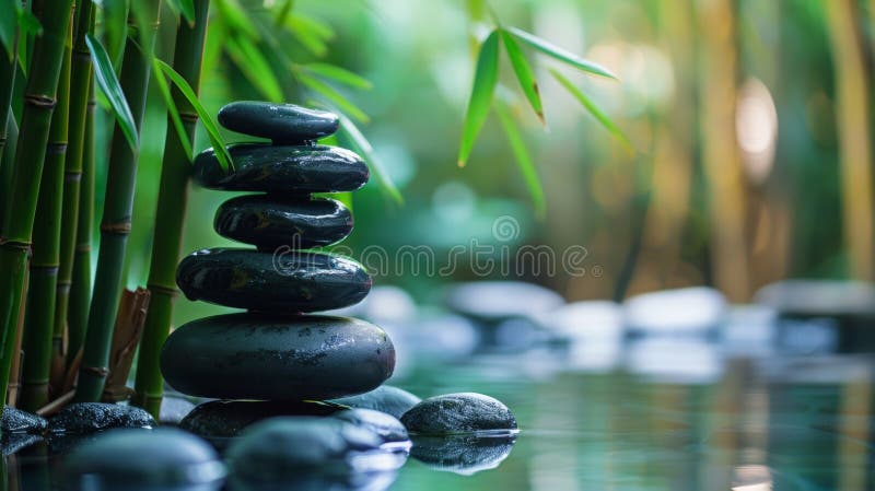 A Stack of Rocks Sitting Next To a Bamboo Tree, AI Stock Illustration ...