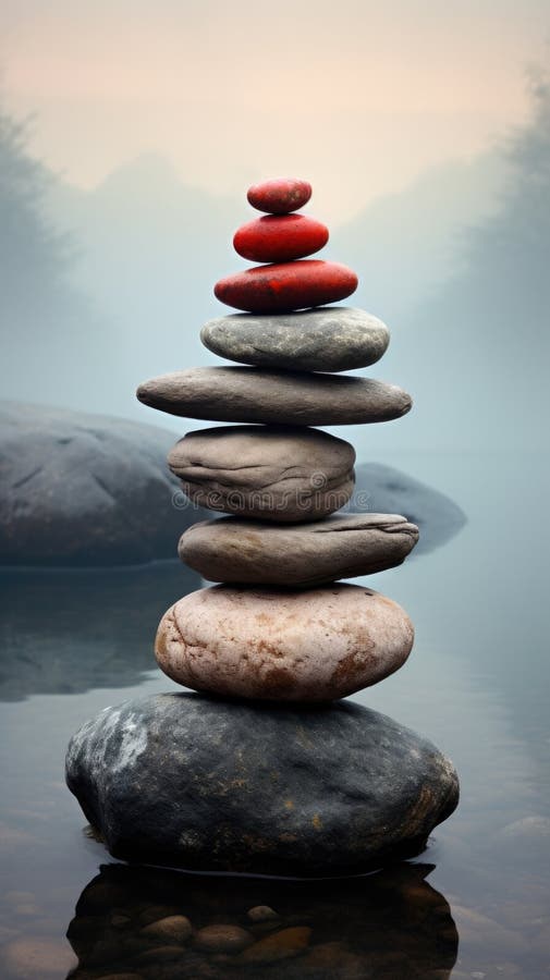 A Stack of Rocks Sitting on Top of a Body of Water, AI Stock Image ...