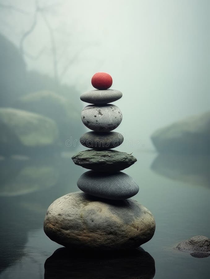 A Stack of Rocks Sitting on Top of a Body of Water, AI Stock Image ...