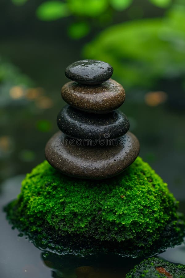 A Stack of Rocks Sitting on Top of a Moss Covered Rock Stock Photo ...