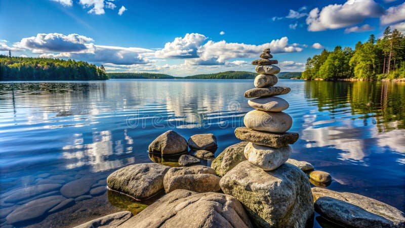 A Stack of Rocks is Stacked on a Lake Surrounded by More Rocks the Sky ...