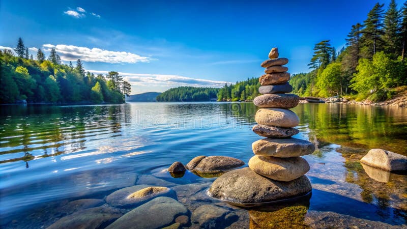 A Stack of Rocks is Stacked on a Lake Surrounded by More Rocks the Sky ...