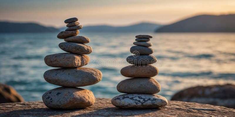 A Stack of Rocks on a Table with a View of the Water. Stock ...