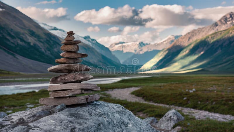 A Stack of Rocks on Top of a Mountain Overlooking the Valley, AI Stock ...