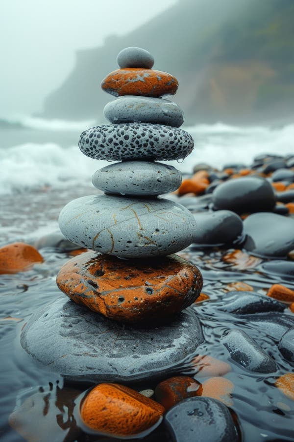 Stack of Rocks on Wet Beach Stock Image - Image of outdoors, stacked ...
