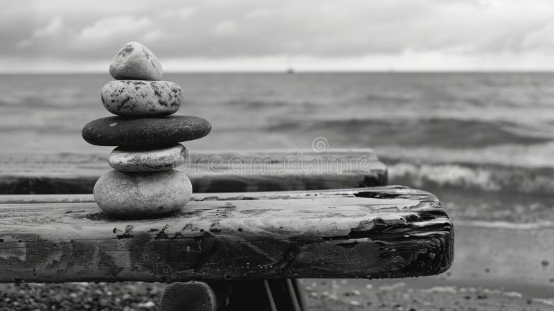 Stack of Rocks on a Wooden Bench by the Ocean Stock Image - Image of ...