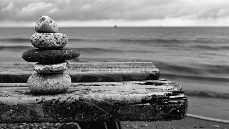 A Stack of Rocks on a Wooden Bench by the Ocean Stock Video - Video of ...