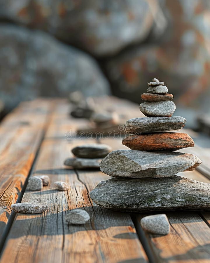 Stack of Rocks on Wooden Table Stock Illustration - Illustration of ...