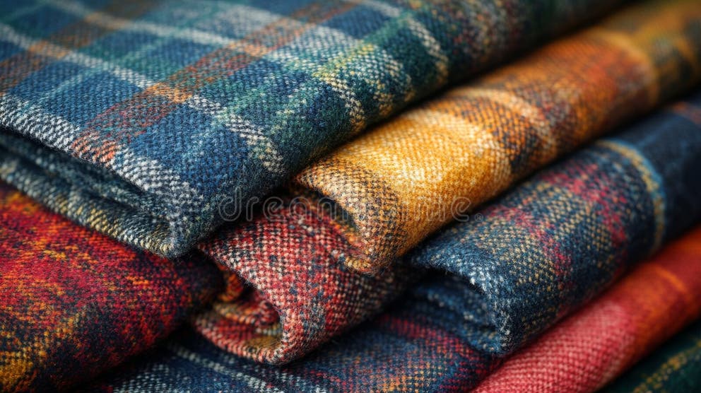 Stack of Rolled Tartan Fabrics in Bold Vibrant Tones. Iconic Scottish ...
